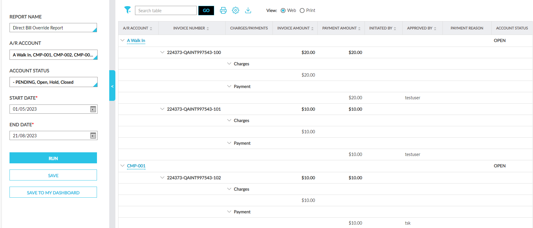 Direct Bill Override Report