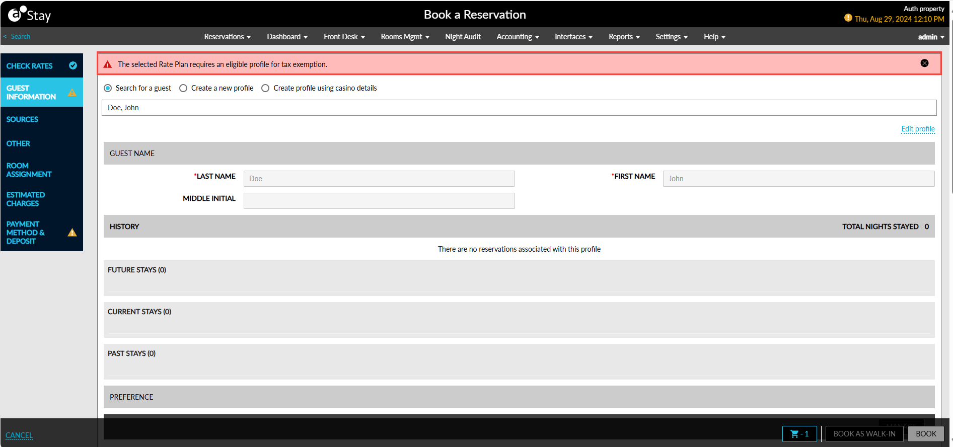 Create Reservations Using Tax-Exempted Rate Plans and Profiles