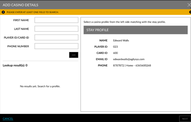 Patron Search Using First Name/Last Name/Player ID