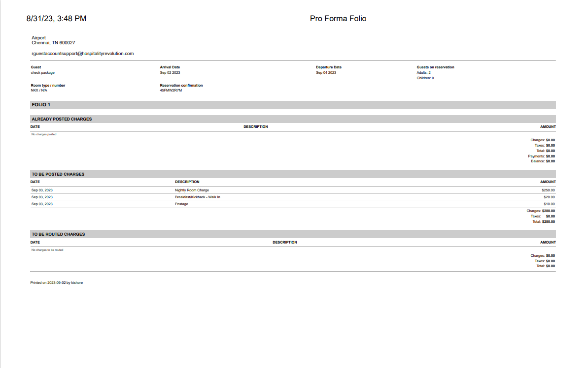 Print and Email Pro-Forma Folios of Reservations