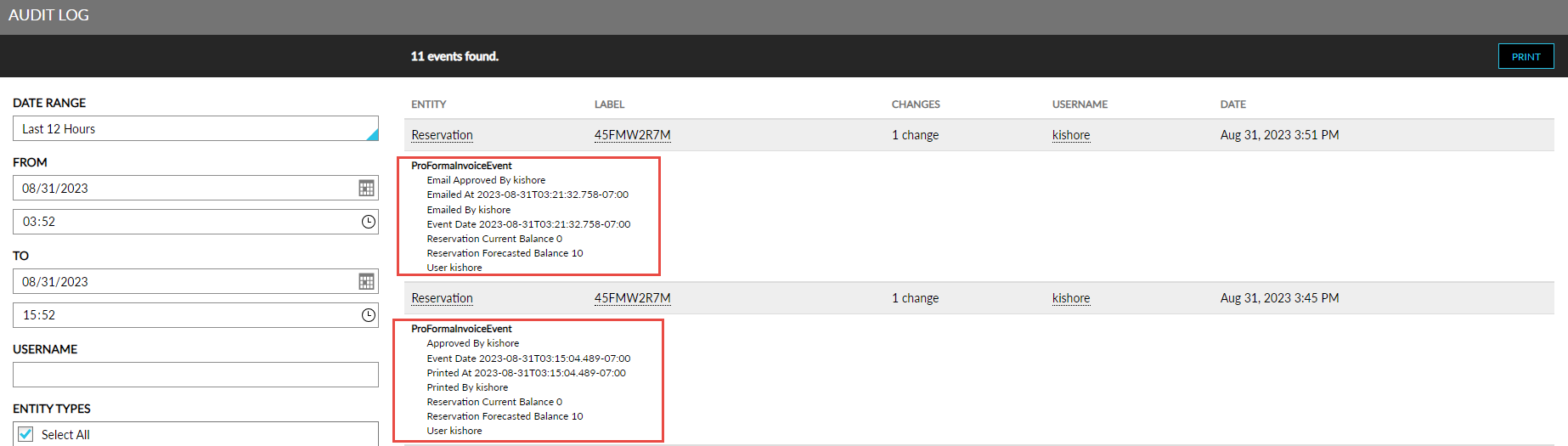 Print and Email Pro-Forma Folios of Reservations